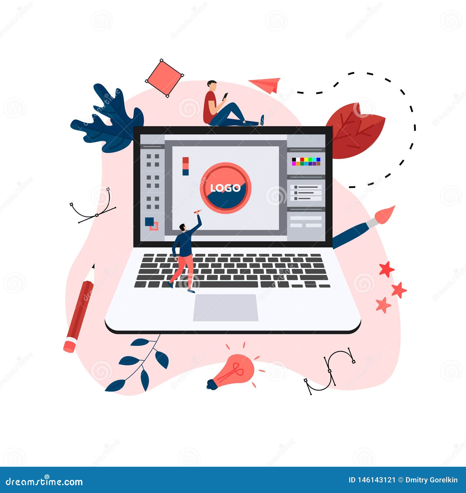 Flat Vector Graphic Design Concept with Computer Designer with an Open ...