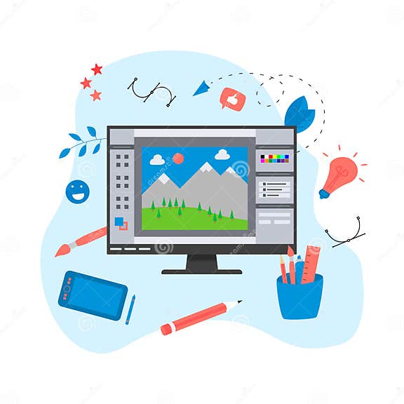 Flat Vector Graphic Drawing Concept with Open Illustration Application ...