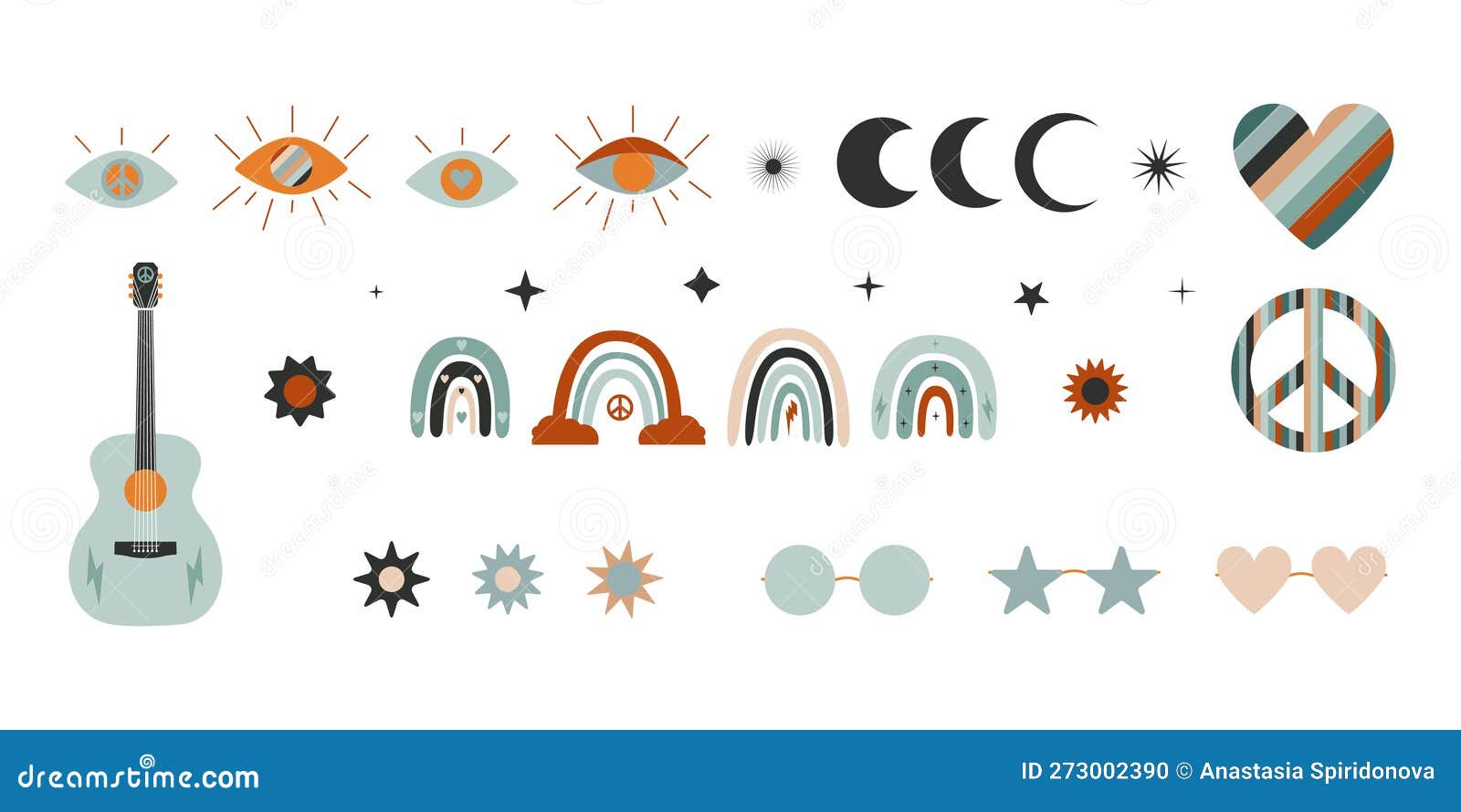 Flat Vector Hippy Boho Illustration. Hand Drawn Retro Groovy Elements ...