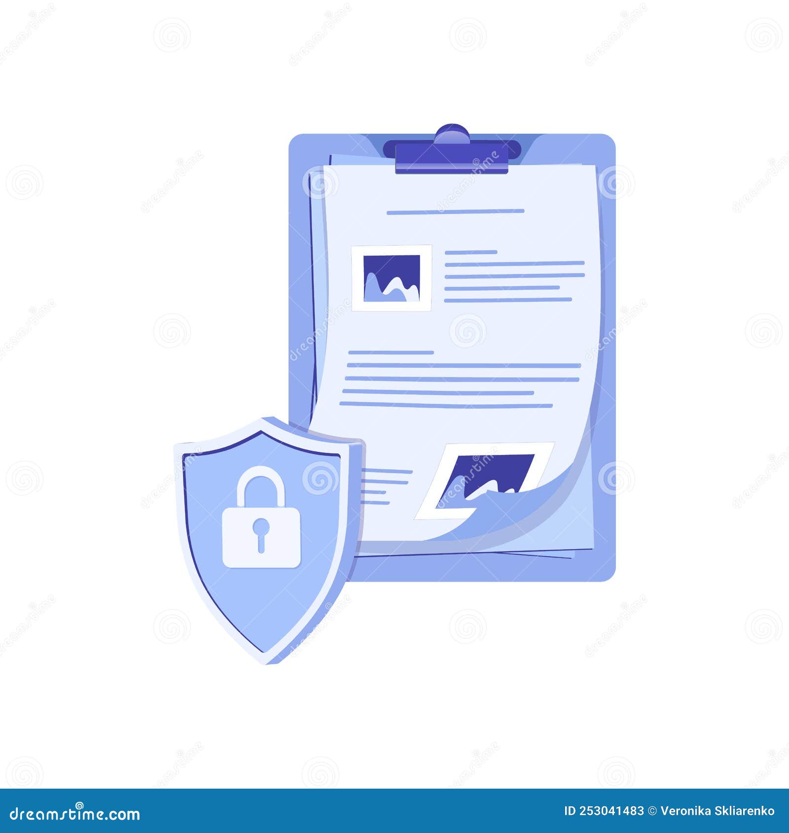 Flat Vector Illustration of Clipboard with Paper Documents and Shield ...