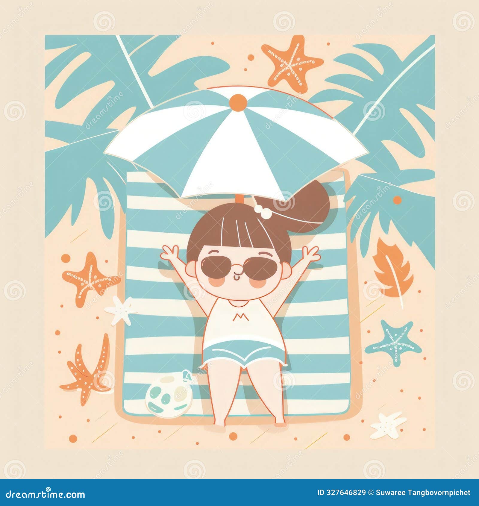 Flat Vector Illustration of a Girl Sunbathing on the Beach, with a ...