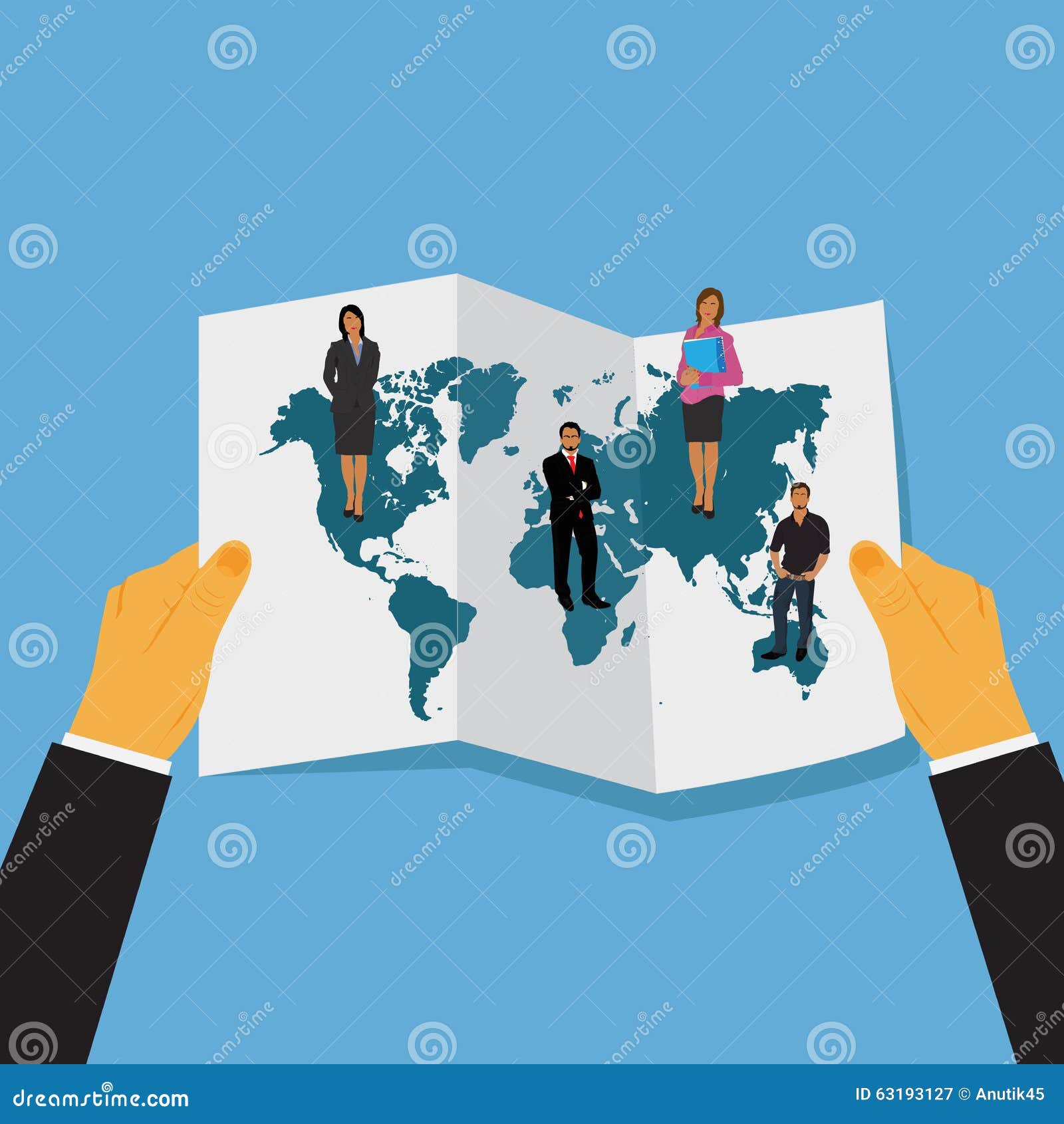 Flat Vector Illustration of Hands Holding World Map with Business ...