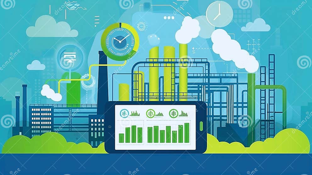 Flat Vector Illustration of Industrial Plant with Data Analytics and ...