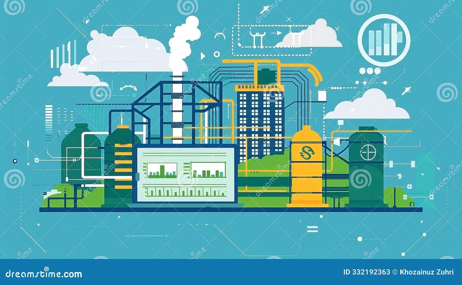 Flat Vector Illustration of Industrial Plant with Data Analytics and ...
