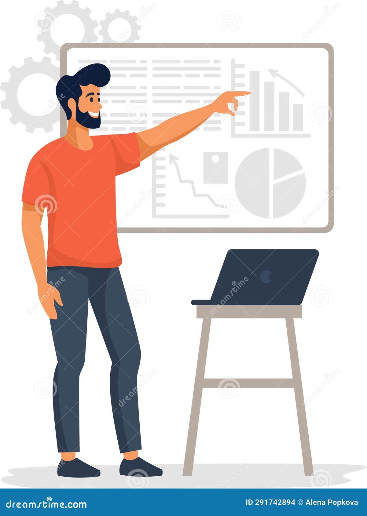 Flat Vector Illustration. Man Standing in Front of a Large Banner and ...