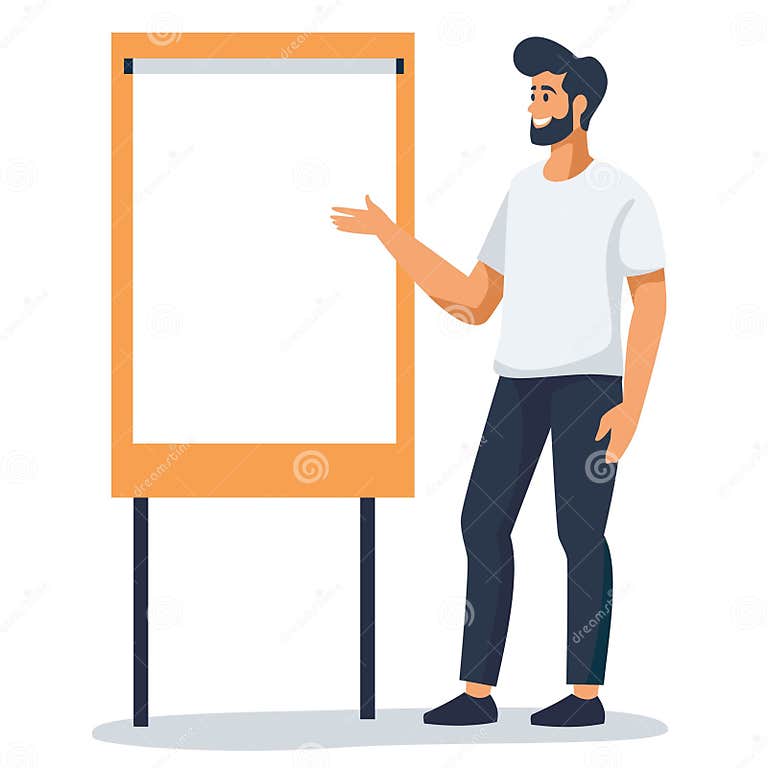 Flat Vector Illustration. Man Standing in Front of a Large Banner and ...
