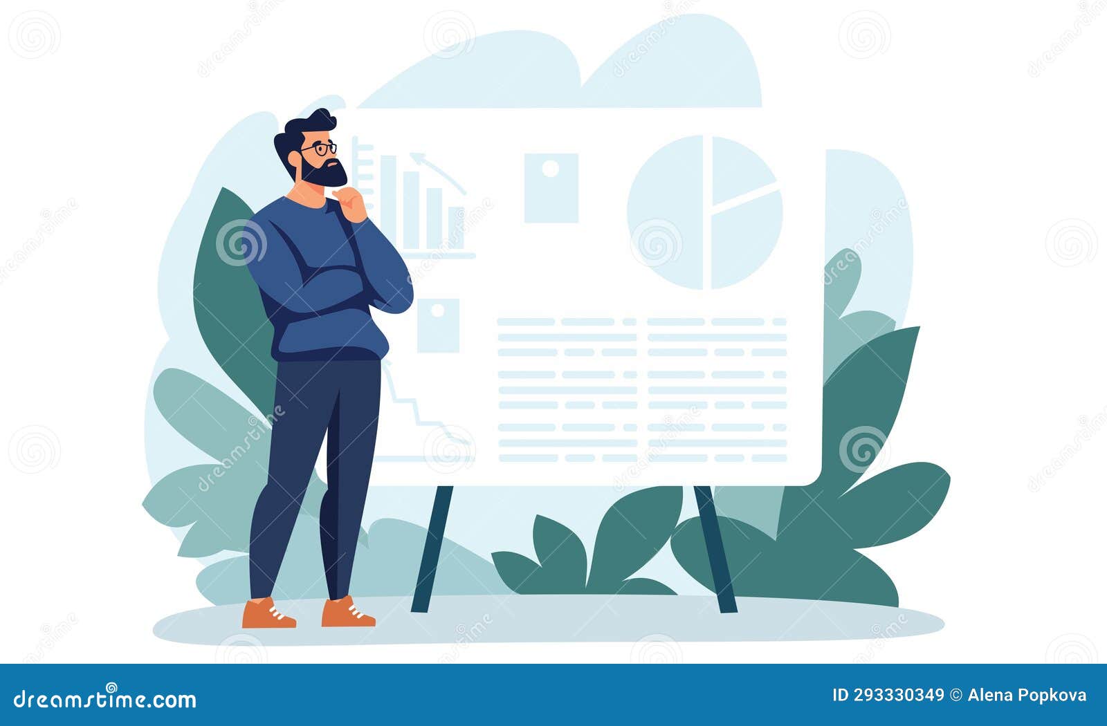 Flat Vector Illustration. Man Standing Next To Banner and Thinking ...