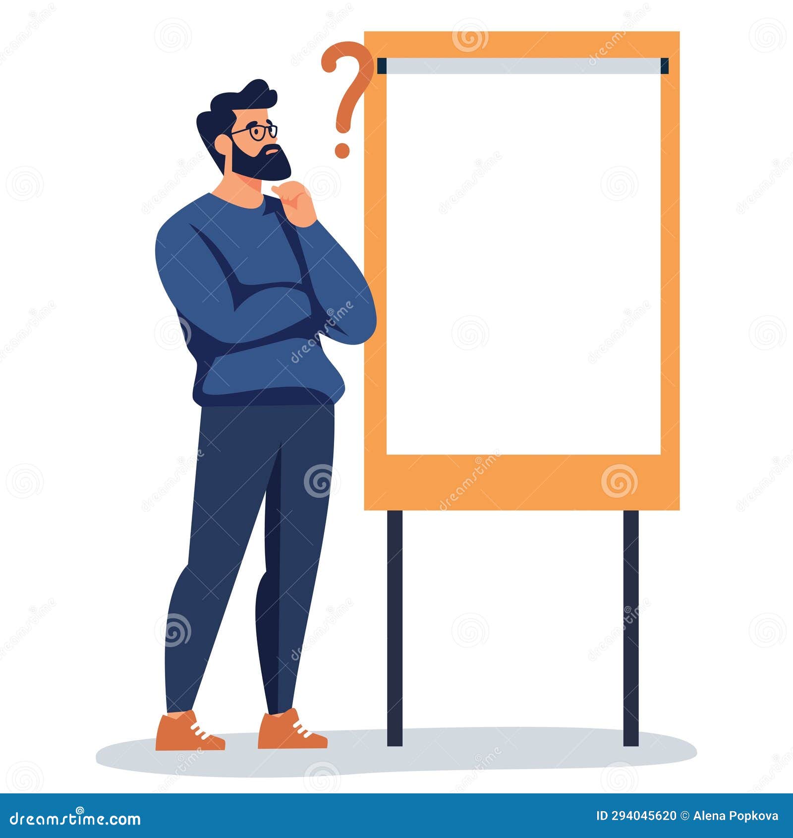 Flat Vector Illustration. Man Standing Next To Banner and Thinking ...