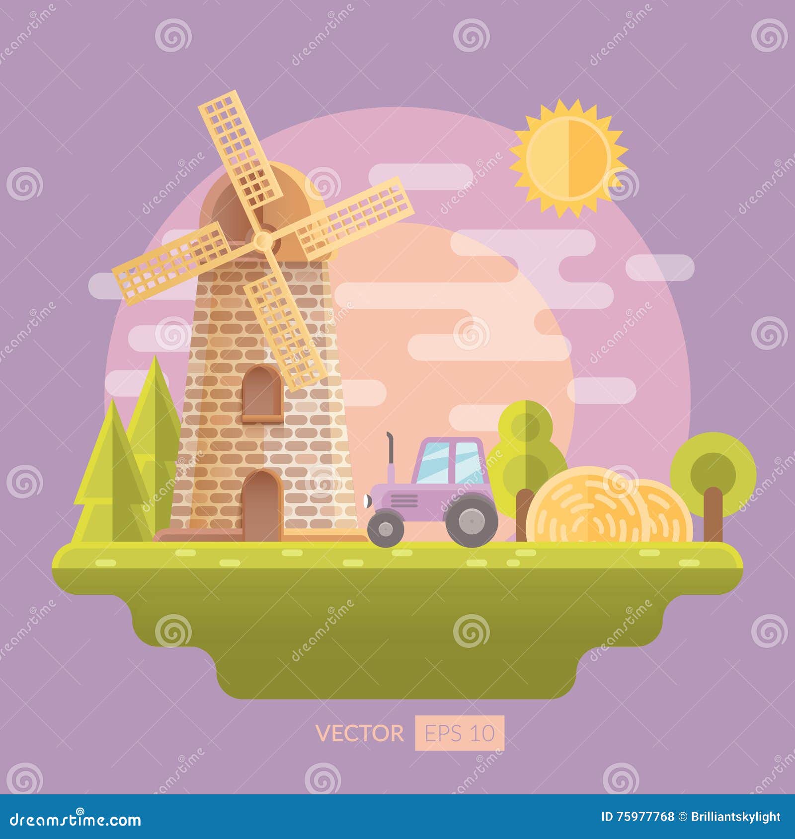 Flat Vector Illustration with Mill Stock Vector - Illustration of land ...
