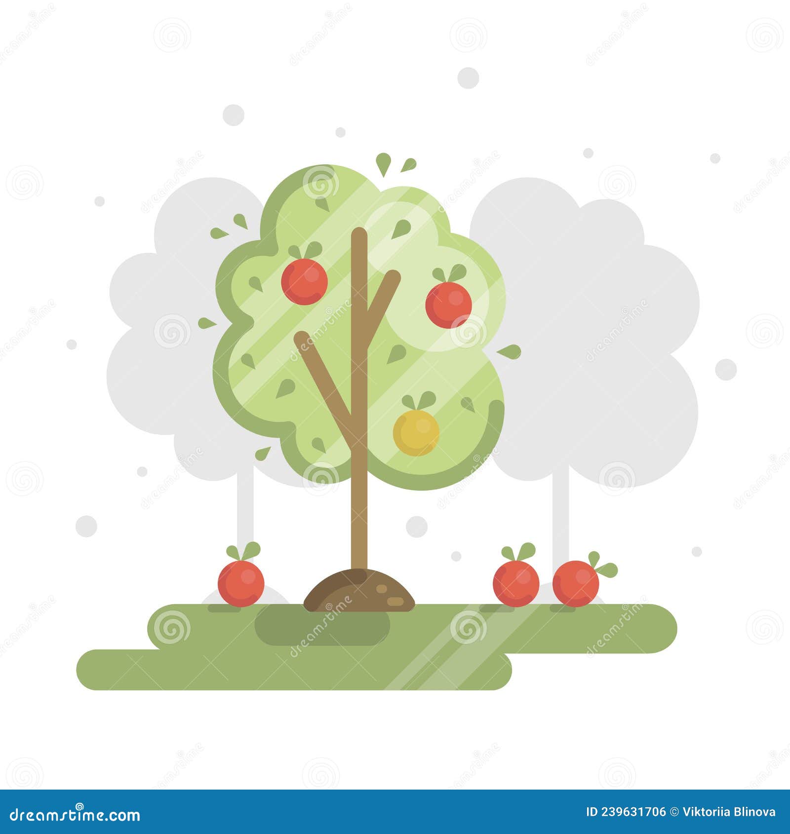 Flat Vector Illustration with Orchard, Apple Tree, and Ripe Apples on ...