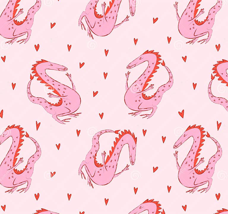Flat Vector Illustration of Pink Dragons Seamless Pattern Stock ...