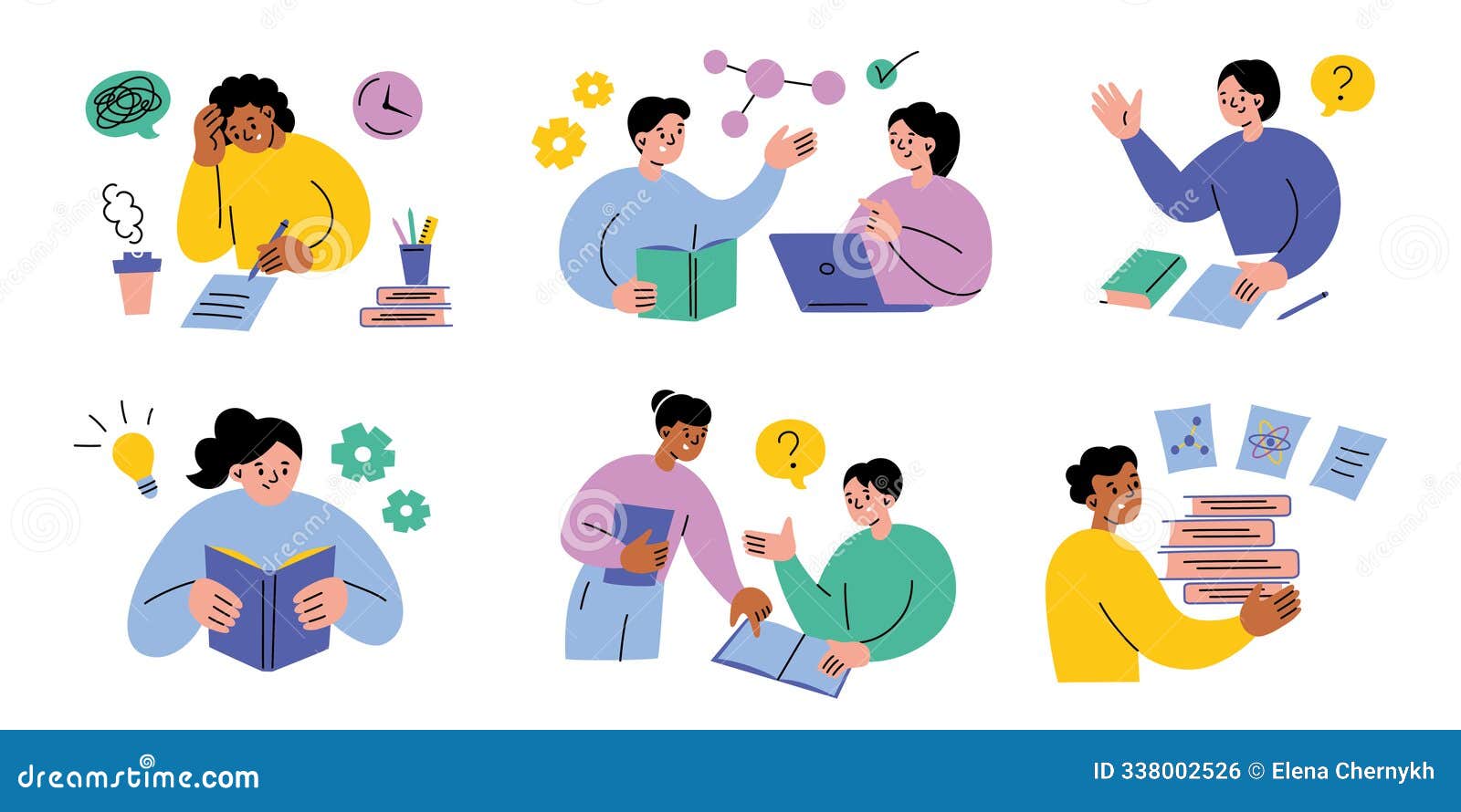 Flat Vector Illustration Set of Cartoon Students Learning, Studying ...