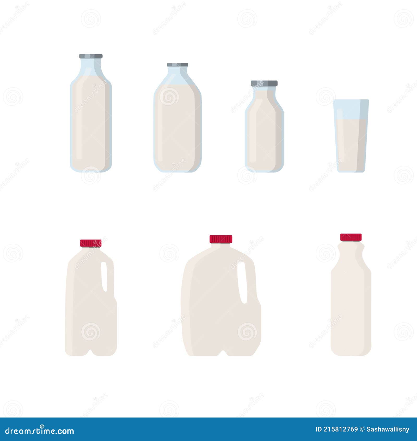 Flat Vector Illustration Set Of Milk, Kefir In Different Plastic ...