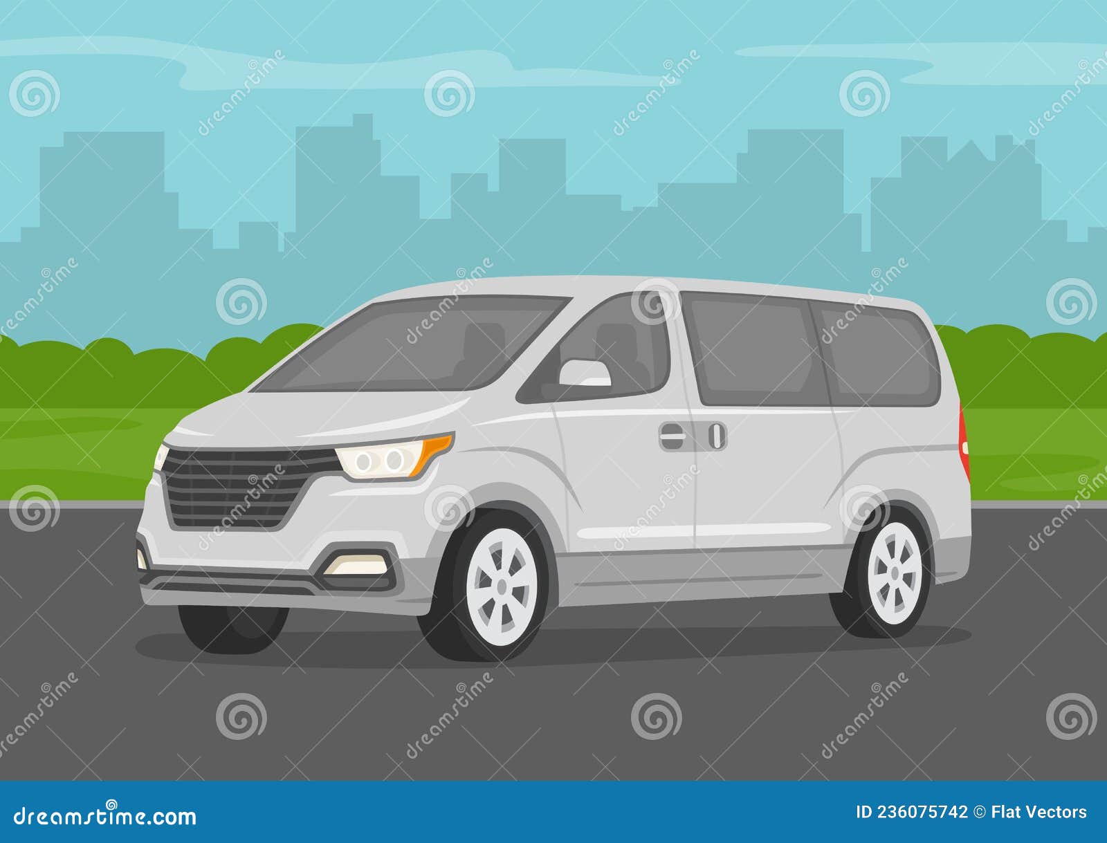 Flat Vector Illustration of Shuttle Bus. White Mini Van on City Road ...