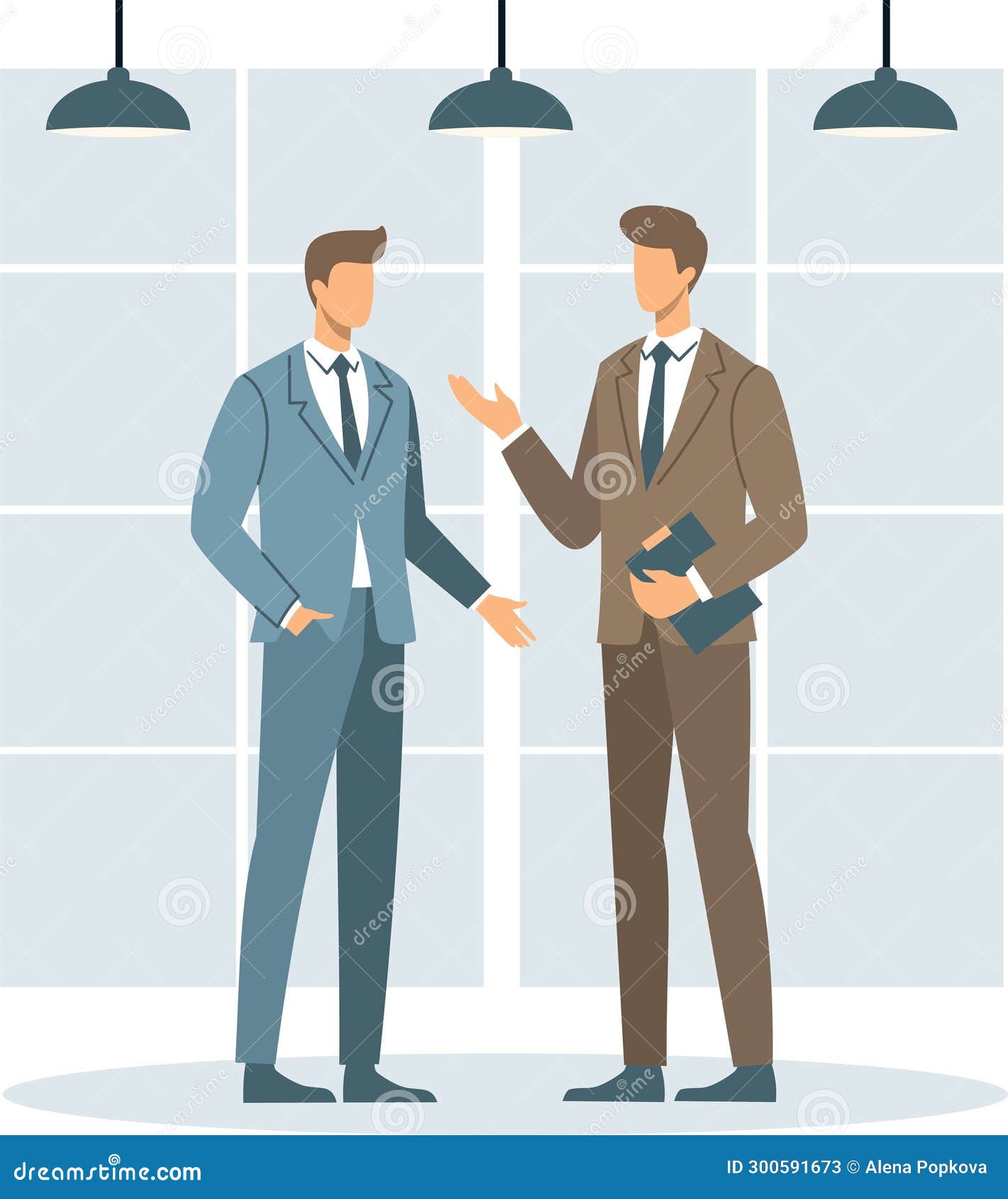 Two Men In Suits Are Talking In A Corner Of An Office Hall. There Is A ...