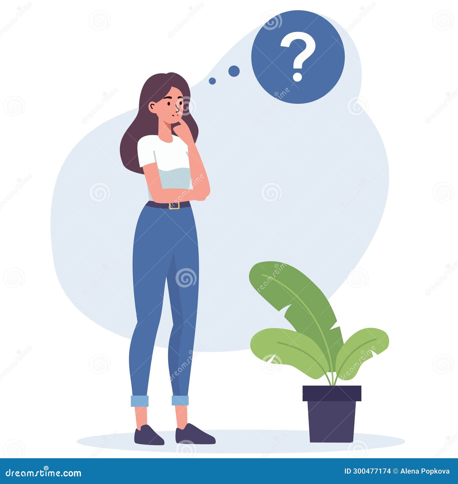 Flat Vector Illustration. Woman Standing in a Pensive Pose Stock ...