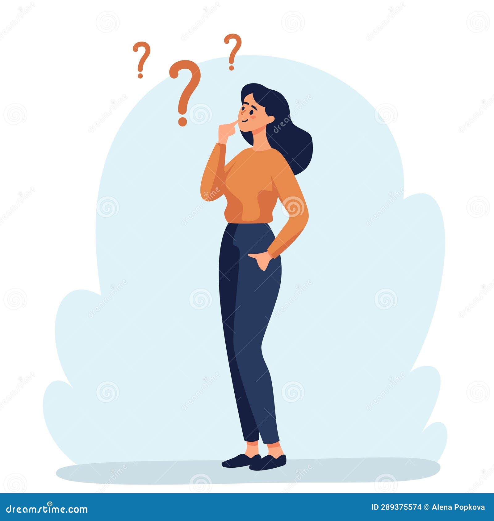 Flat Vector Illustration. Woman Standing in a Pensive Pose Stock ...