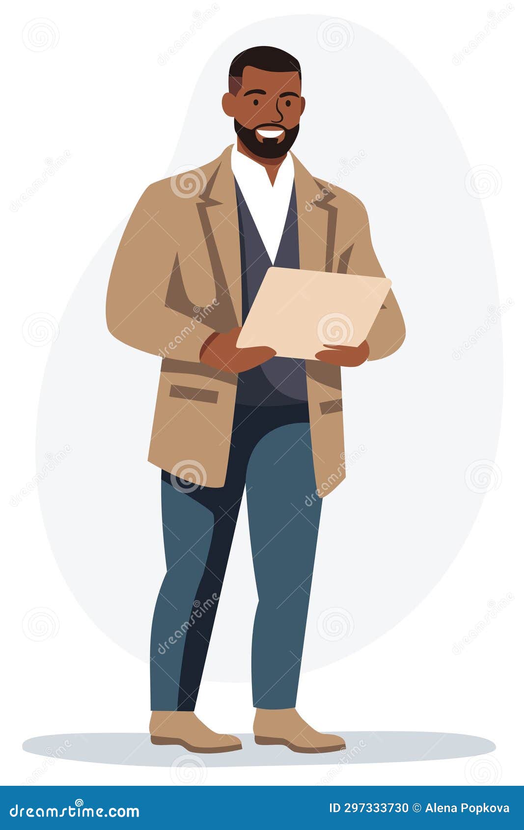 Flat Vector Illustration. Young Black Man Smiling and Holding a Laptop ...