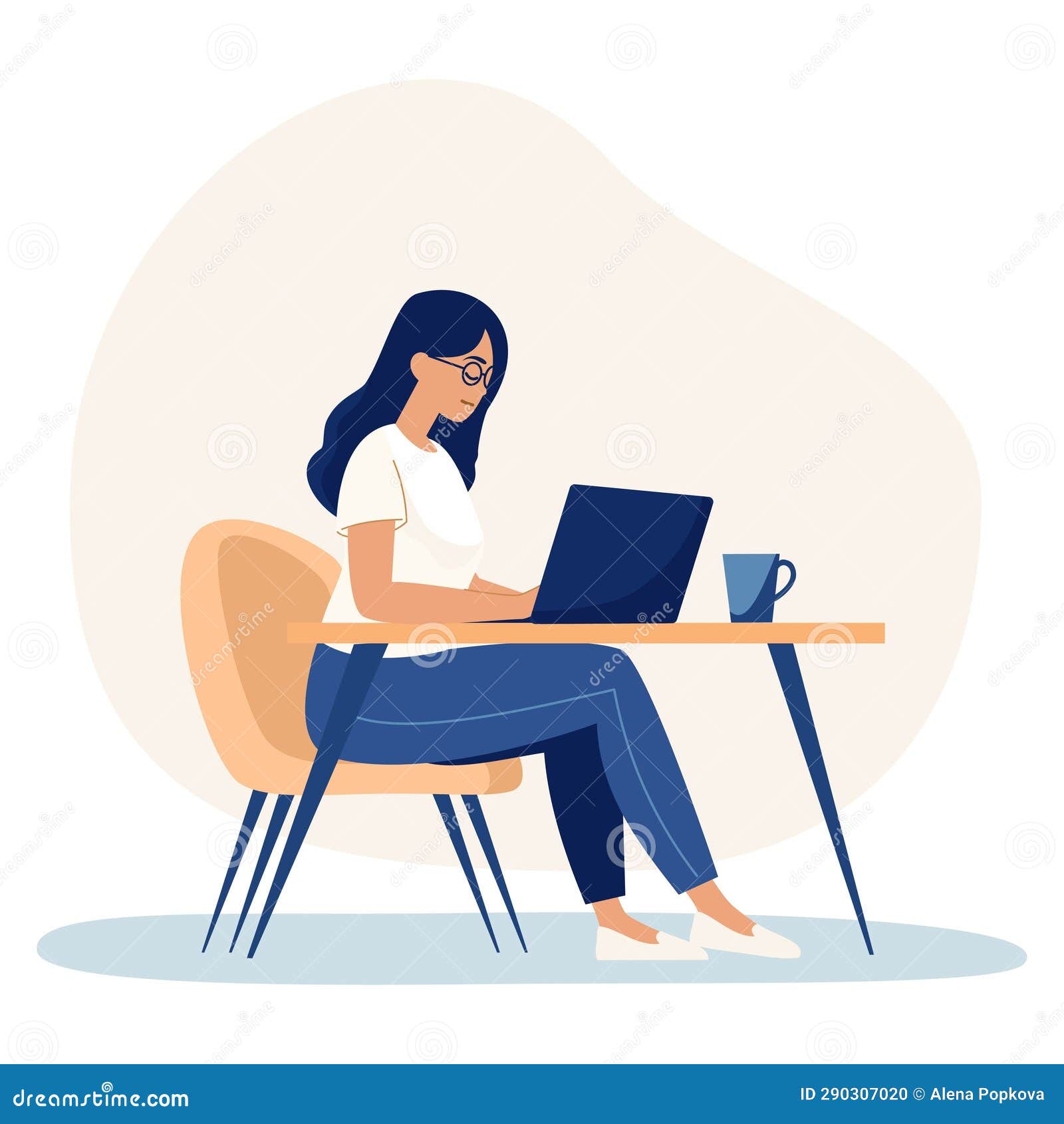 Flat Vector Illustration. Young Girl Working at the Computer Stock ...