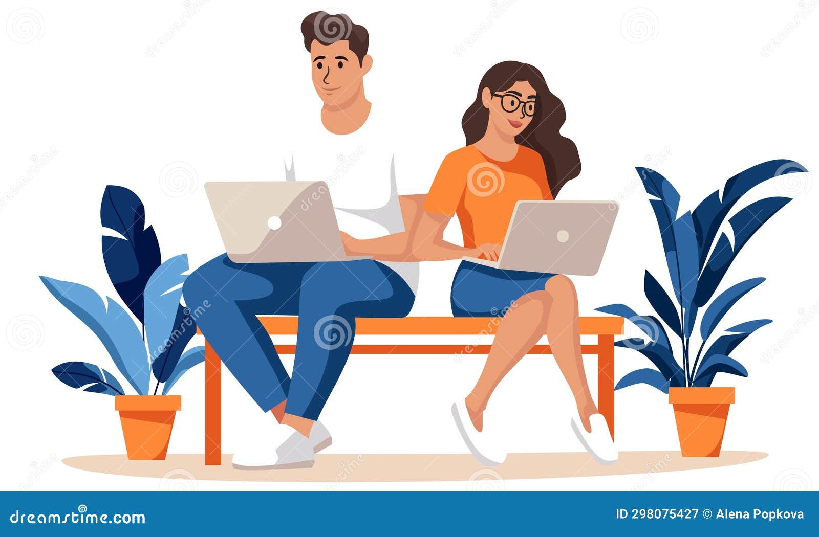 Flat Vector Illustration. Young People Girl and Guy Working with ... Flat Vector Illustration. Young People Girl and Guy Working with ...