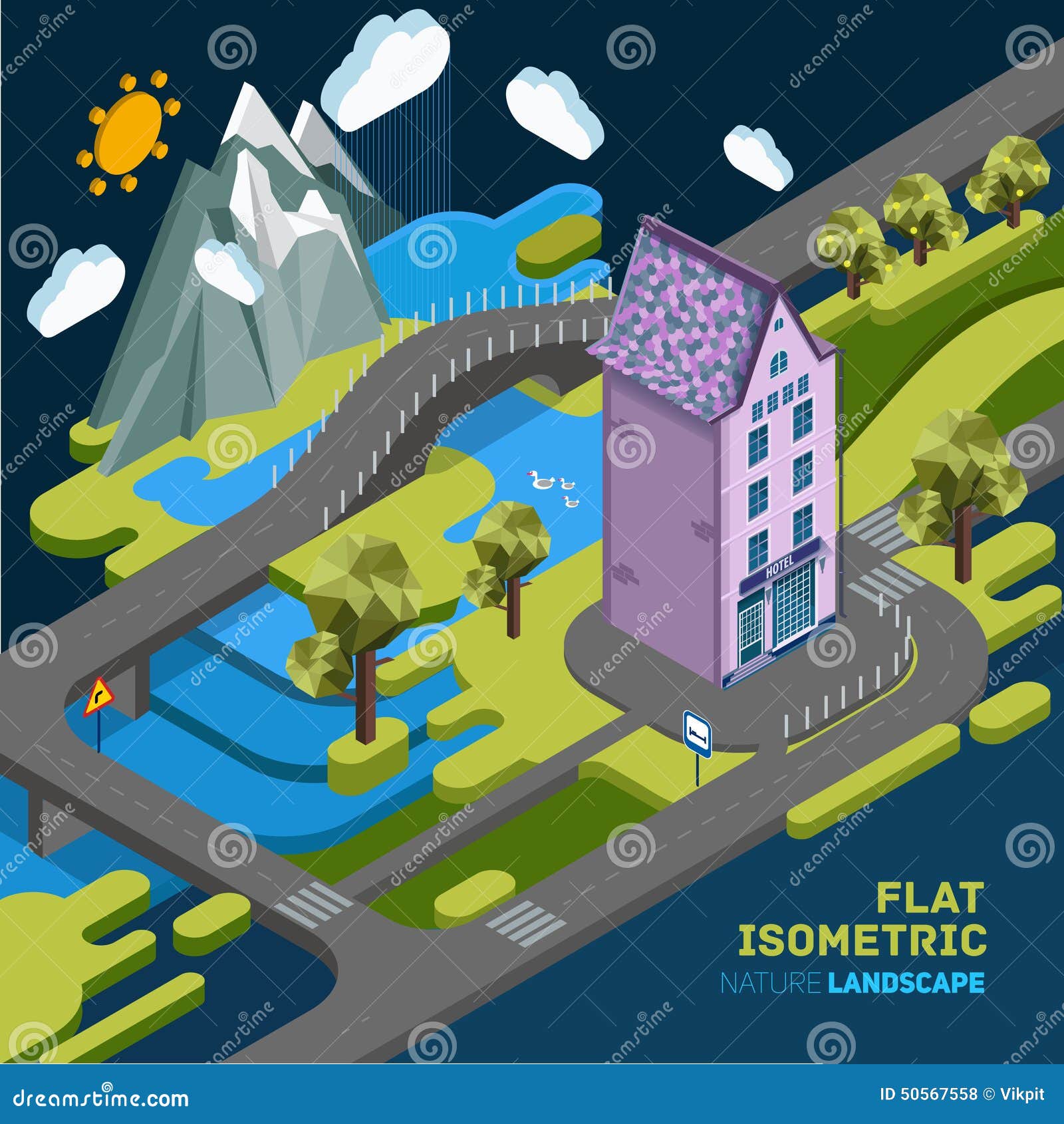 Flat Vector Landscape Isometric Concept Stock Vector - Illustration of ...