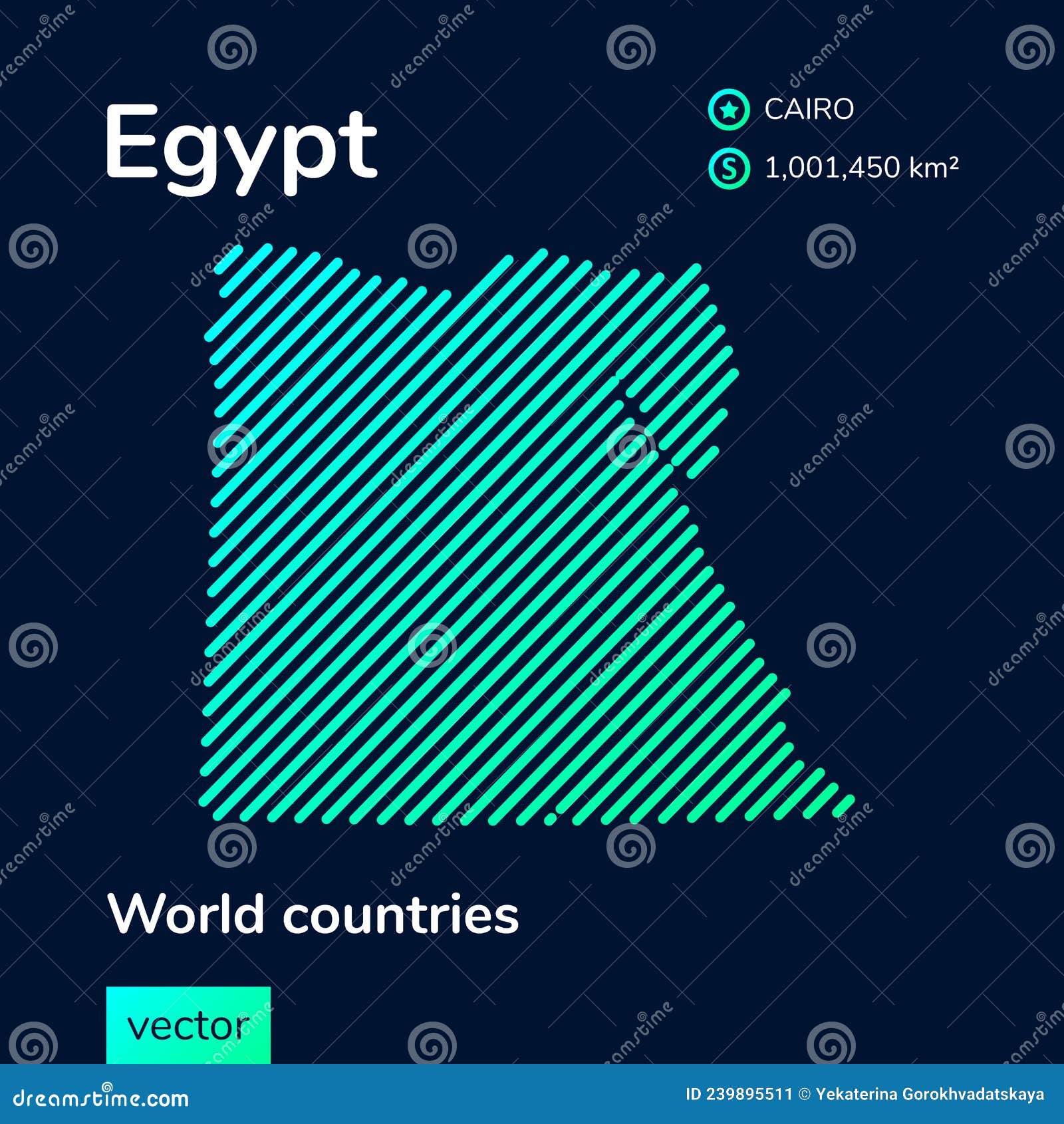 Flat Vector Neon Egypt Map in Turquoise Colors on Dark Blue Background ...