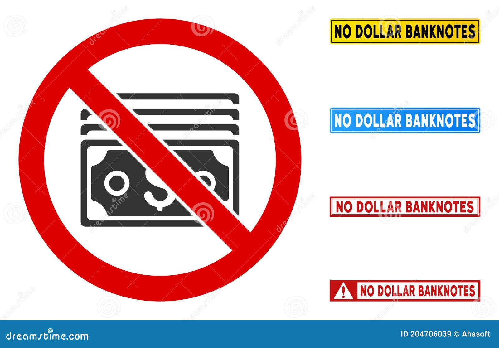 Flat Vector No Dollar Banknotes Sign with Badges in Rectangle Frames ...