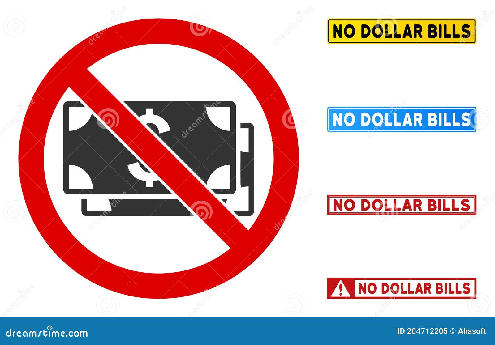 Flat Vector No Dollar Bills Sign with Titles in Rectangular Frames ...