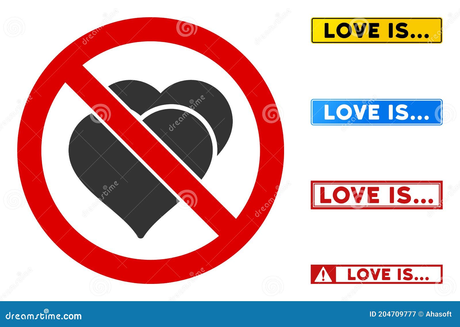 Flat Vector No Love Hearts Sign with Captions in Rectangular Frames ...