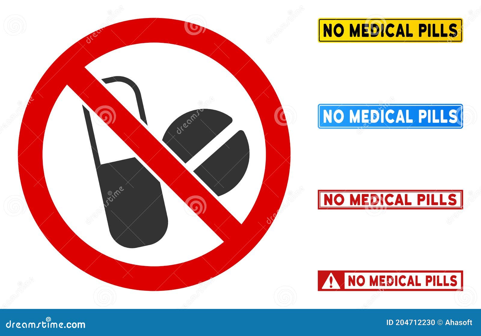 Flat Vector No Medical Pills Sign with Badges in Rectangle Frames Stock ...