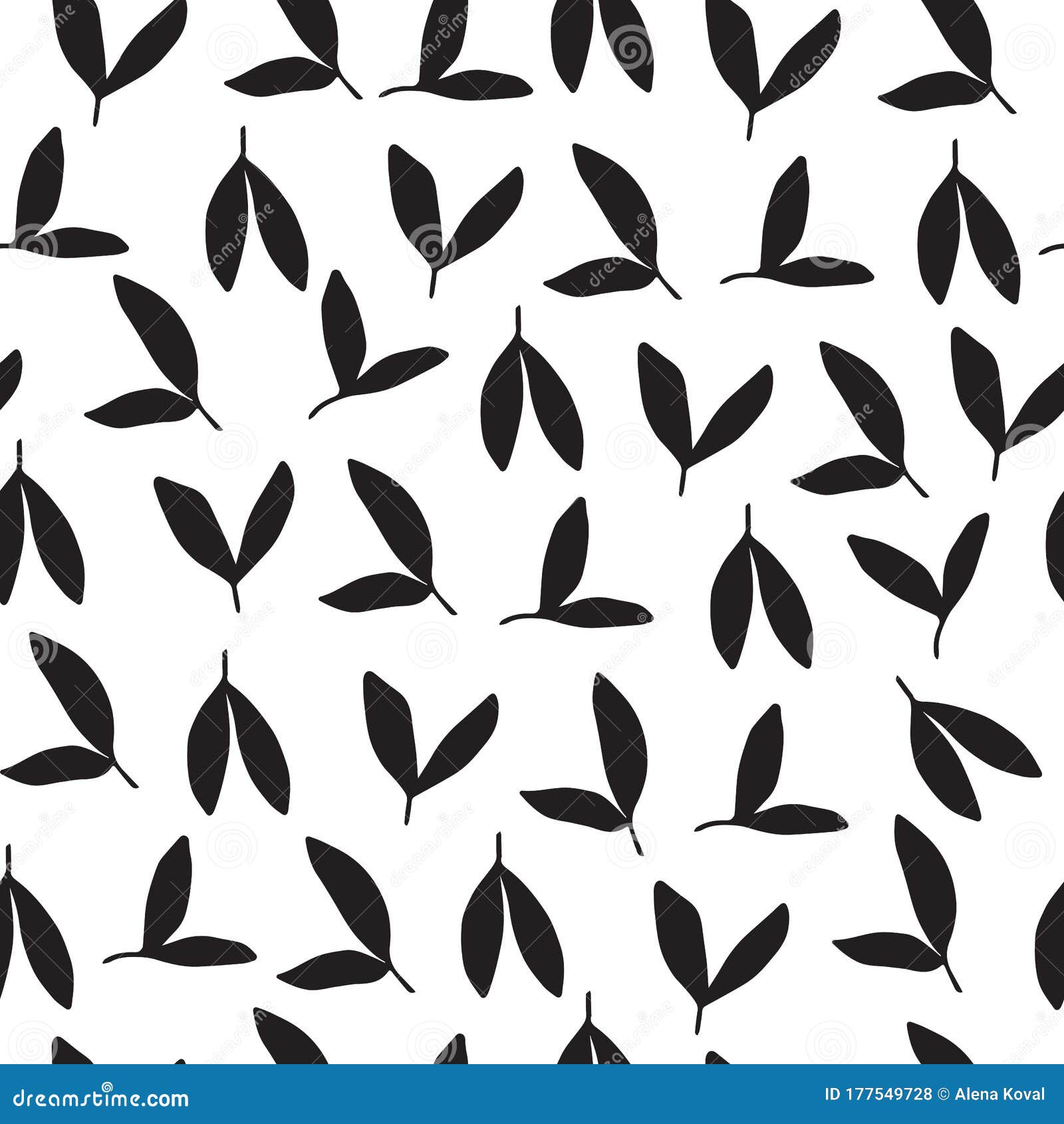 Flat Vector Seamless Pattern. Black Leaf Shapes on White Background ...