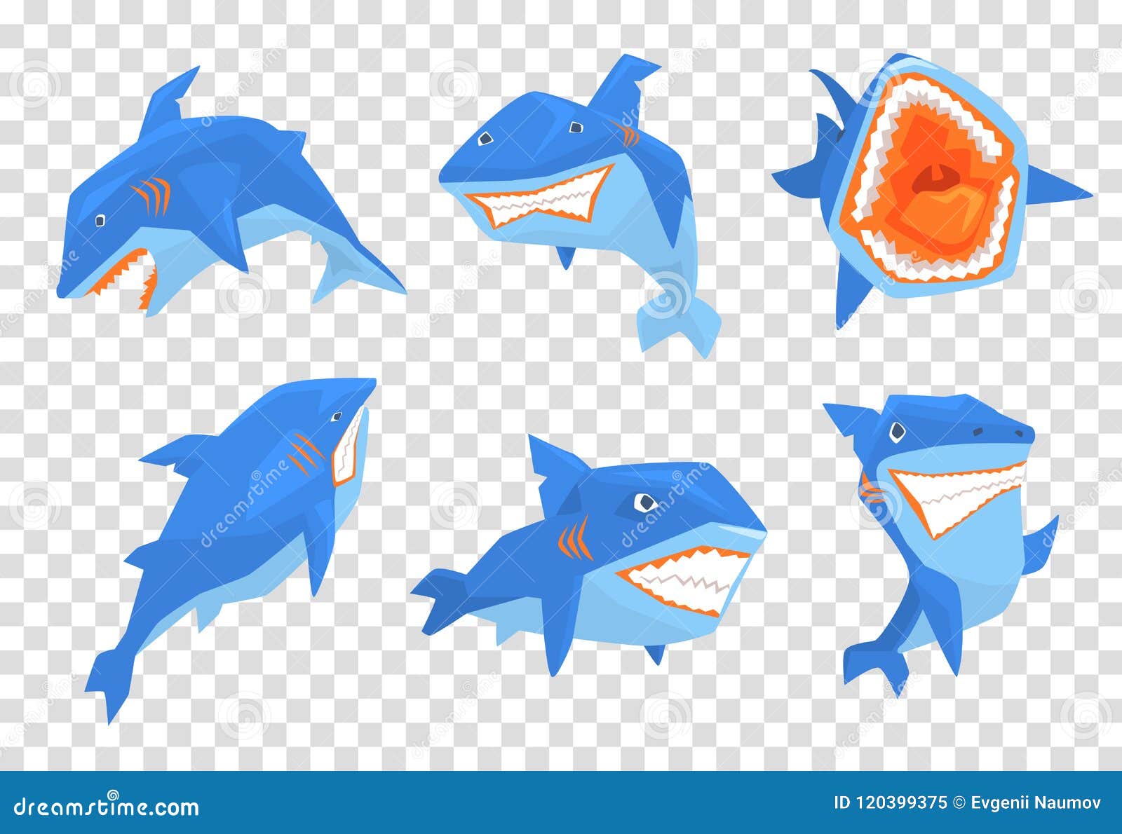Flat Vector Set of Big Blue Shark. Marine Fish with Sharp Teeth and ...