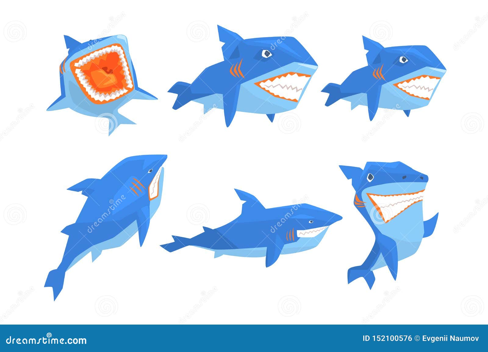 Shark On Different Pose. Cute Shark Cartoon Character. Shark With Open ...