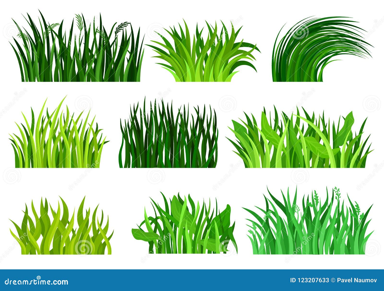 Flat Vector Set of Different Decorative Grass Borders. Bright Green ...