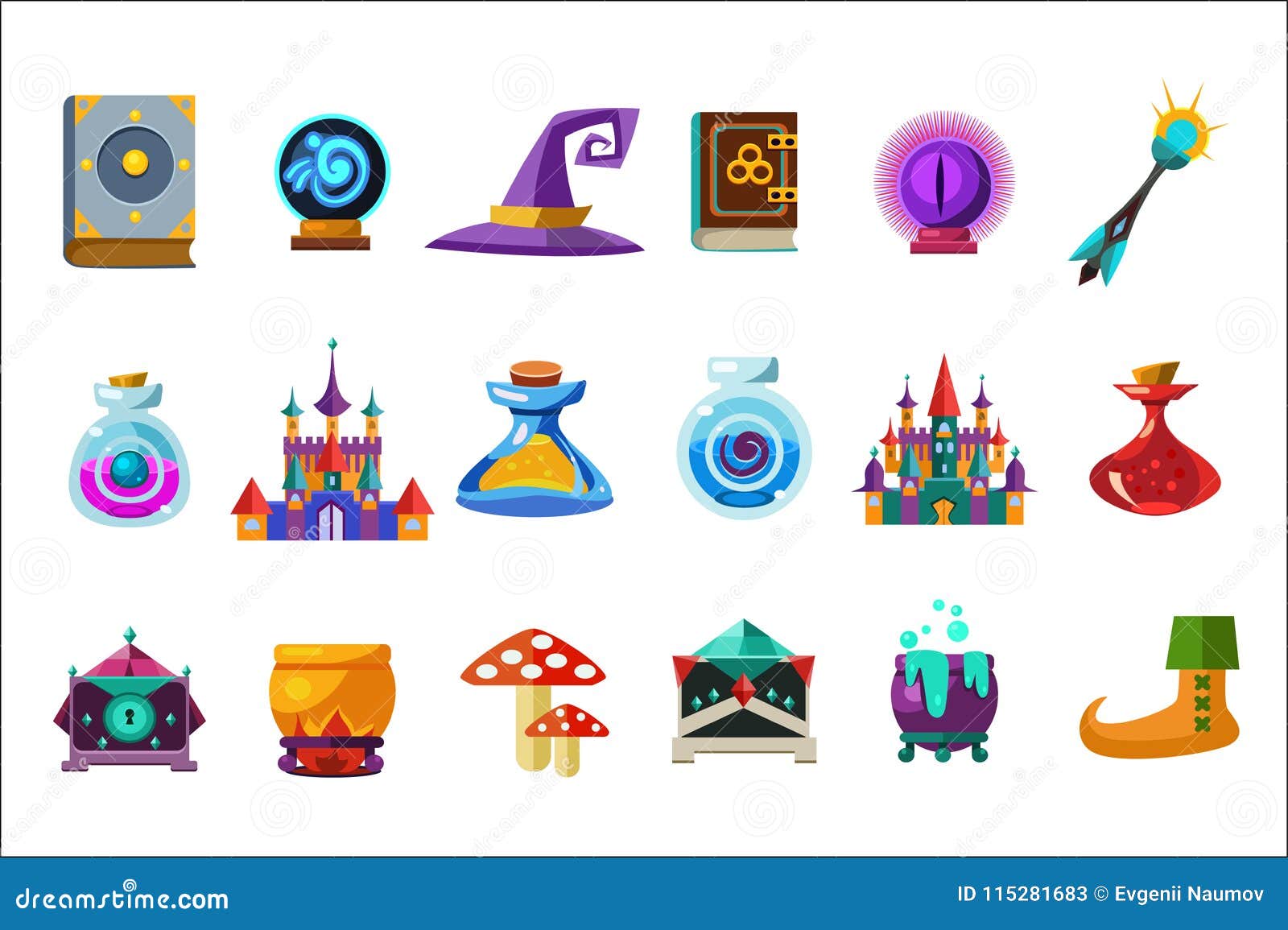 Flat Vector Set of Fabulous Items for Mobile Game. Book, Magic Ball ...