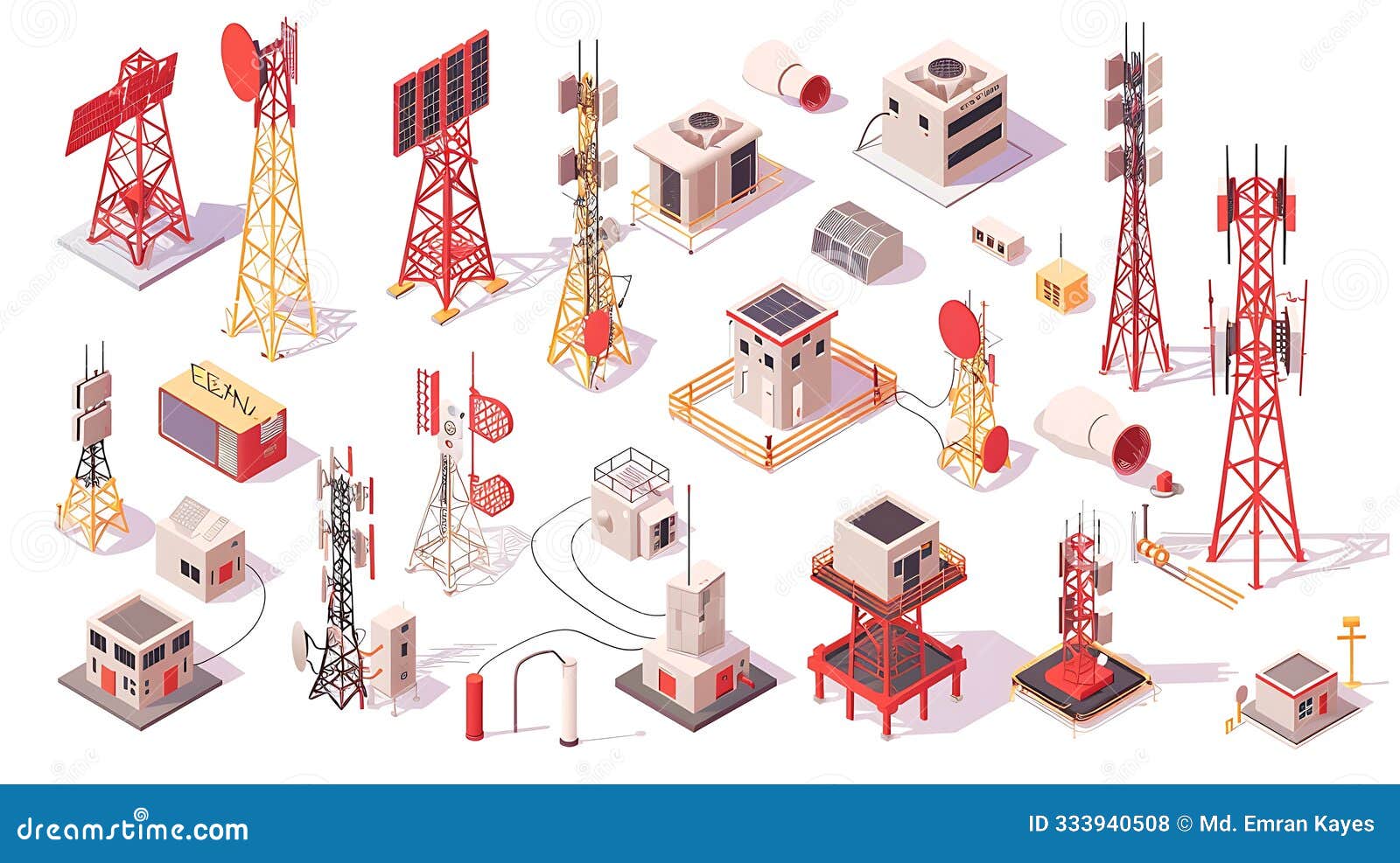 Flat Vector Set Featuring Various Telecom Towers and Radio ...