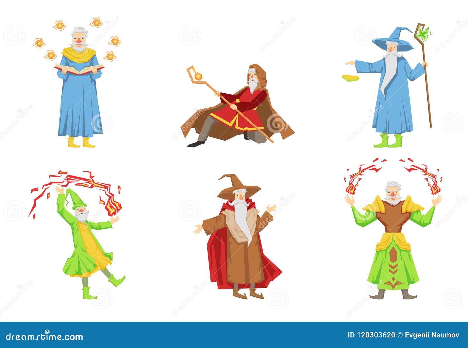 Flat Vector Set of Magicians in Different Actions. Old Gray-bearded ...