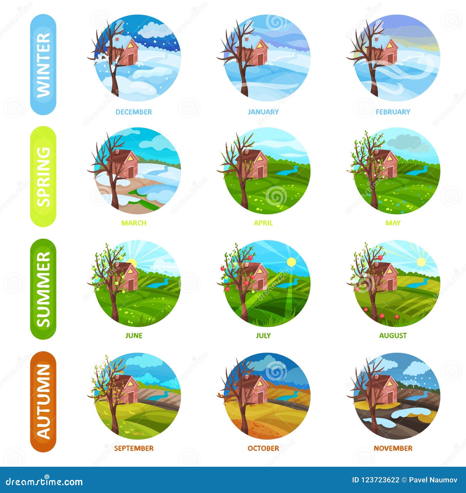 Flat Vector Set of 12 Months of the Year. Winter, Spring, Summer and ...