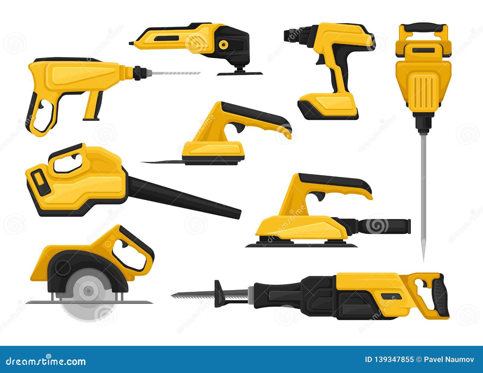 Flat Vector Set of Power Tools for Construction Works. Modern Building ...