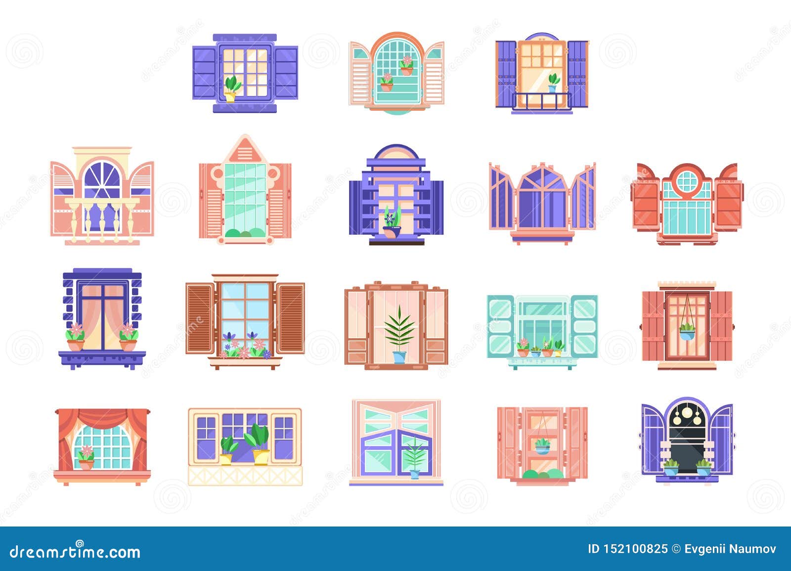 Flat Vector Set of Wooden Window Frames with Doors. Elements for ...