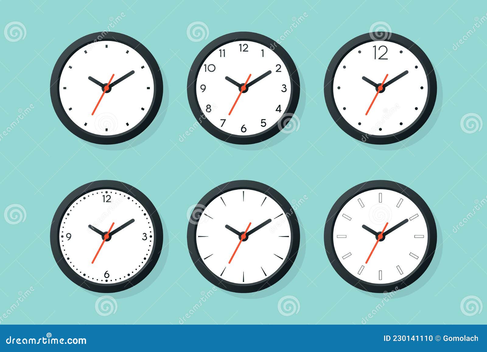 Flat Vector Wall Office Clock Icon Set Isolated. White Dial. Design ...