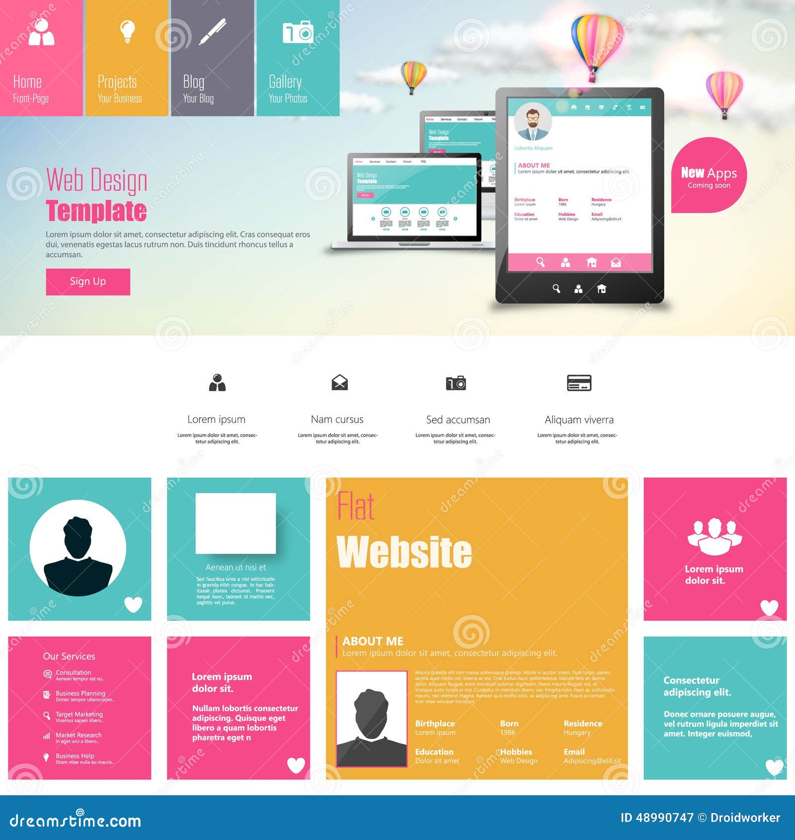 Flat Vector Website Template with Mobile Gadgets Displaying Backend As ...