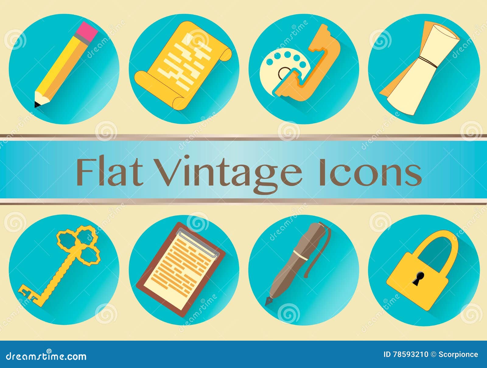Flat Vintage Icons Set. Office Concept Stock Illustration ...