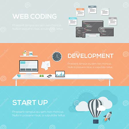 Flat Web Design Concepts. Web Coding, Development and Startup. Stock ...