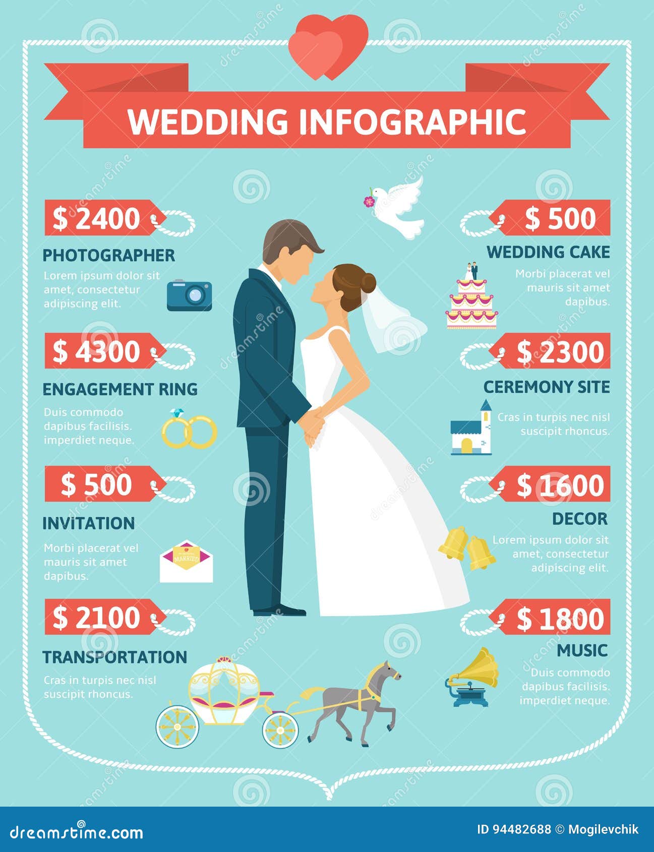 Flat Wedding Infographic Concept Stock Vector - Illustration of bride ...
