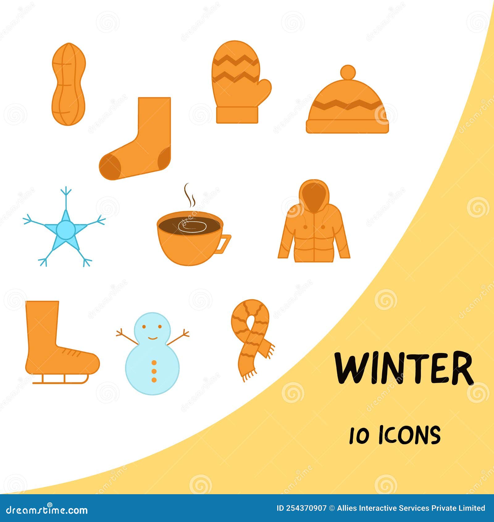 Flat Winter Essential Icon Set Over White and Yellow Curve Stock ...