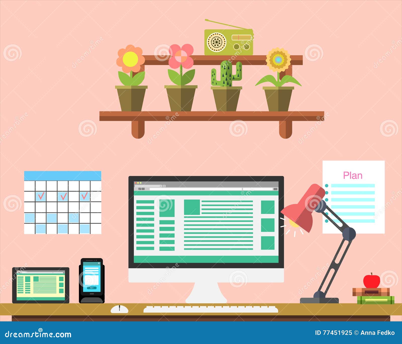 Flat Workplace Web Banner. Flat Design Web Designer Illustration ...