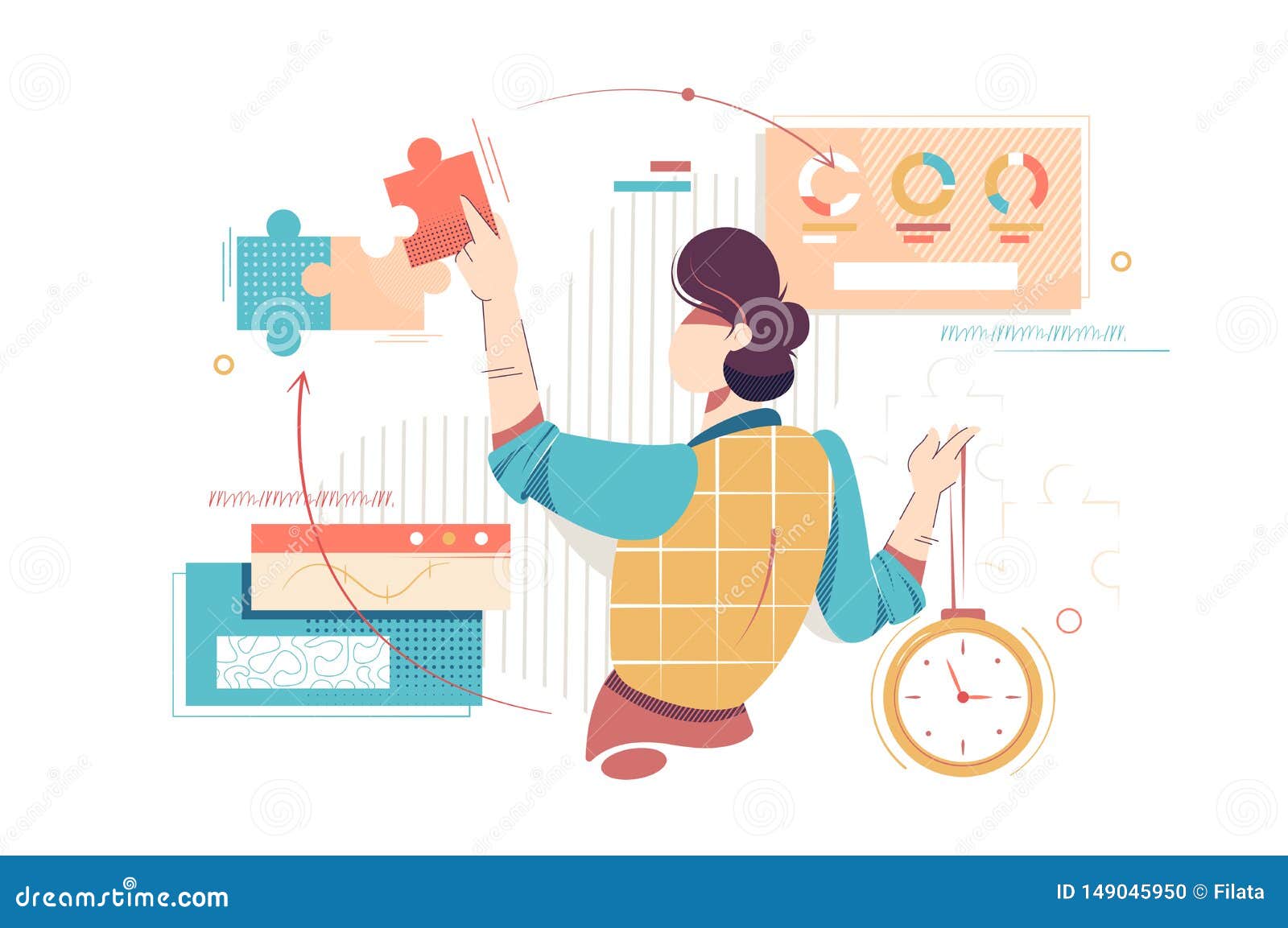 Flat Young Man Controls Time and Project Management. Stock Vector ...