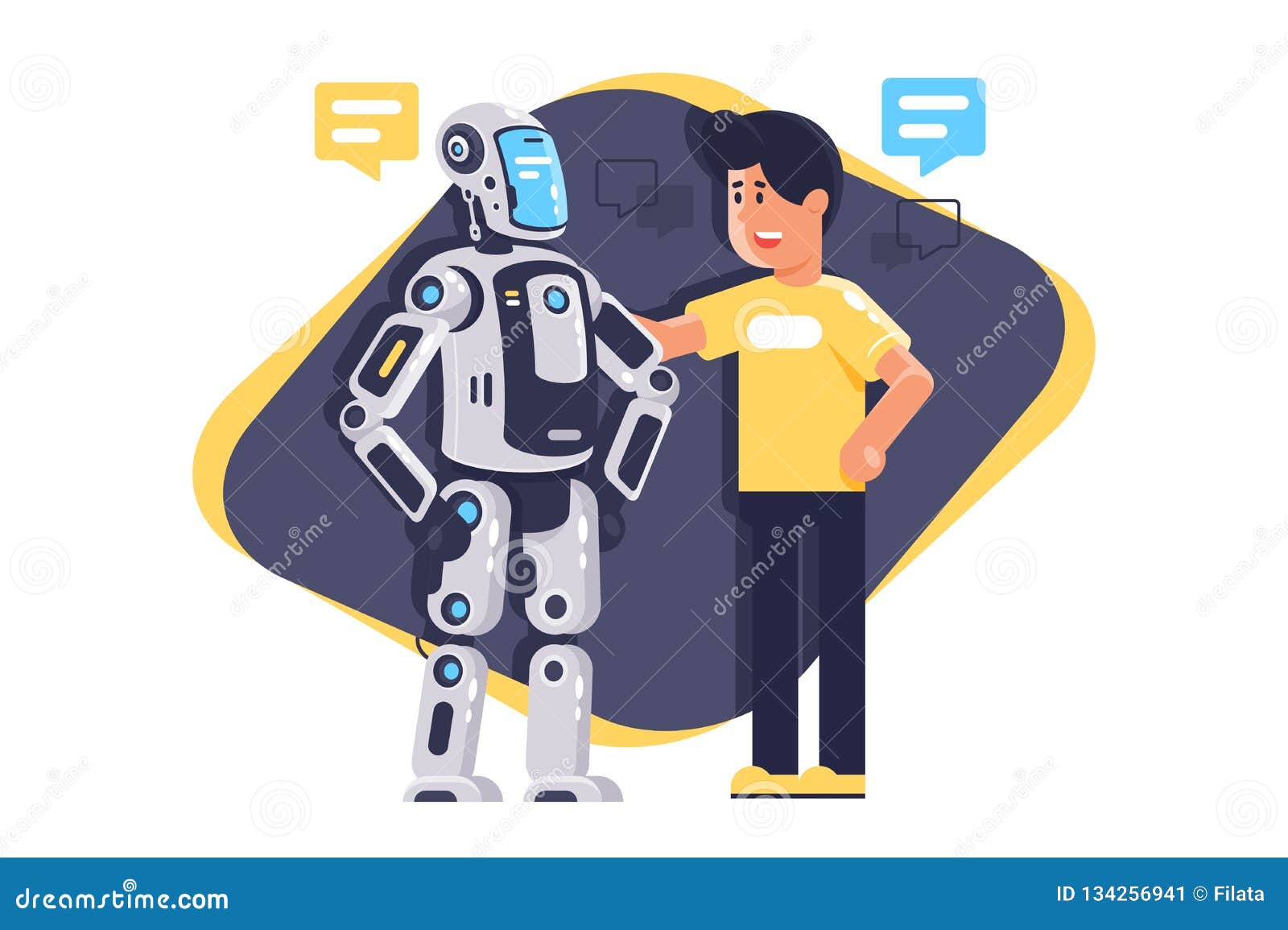 Flat Young Man Talking To Robot with Speech Bubble, Robot and People ... Flat Young Man Talking To Robot with Speech Bubble, Robot and People ...