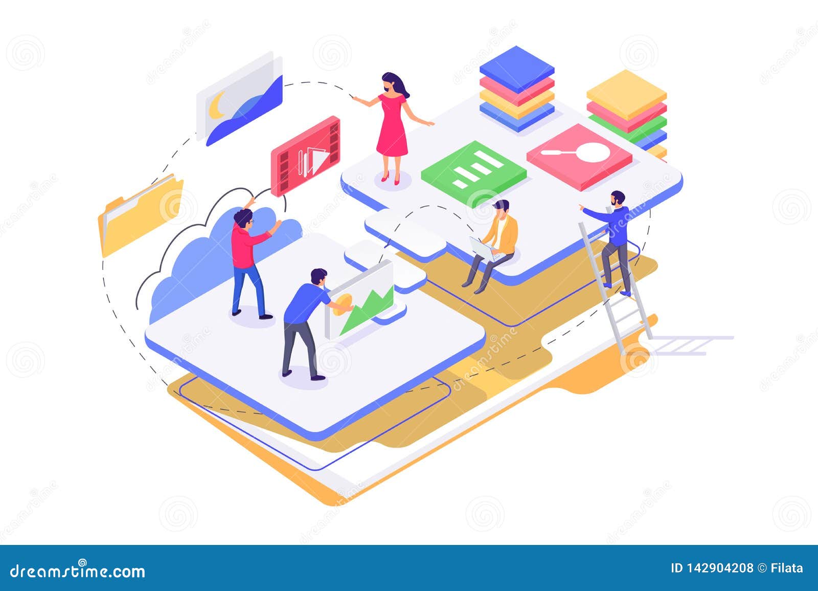 Flat Young Woman and Man Perform Data Exchange. Stock Vector ...